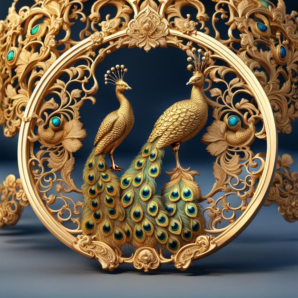 a highly detailed gold filigree ring showing scenes of peacocks - AI ...