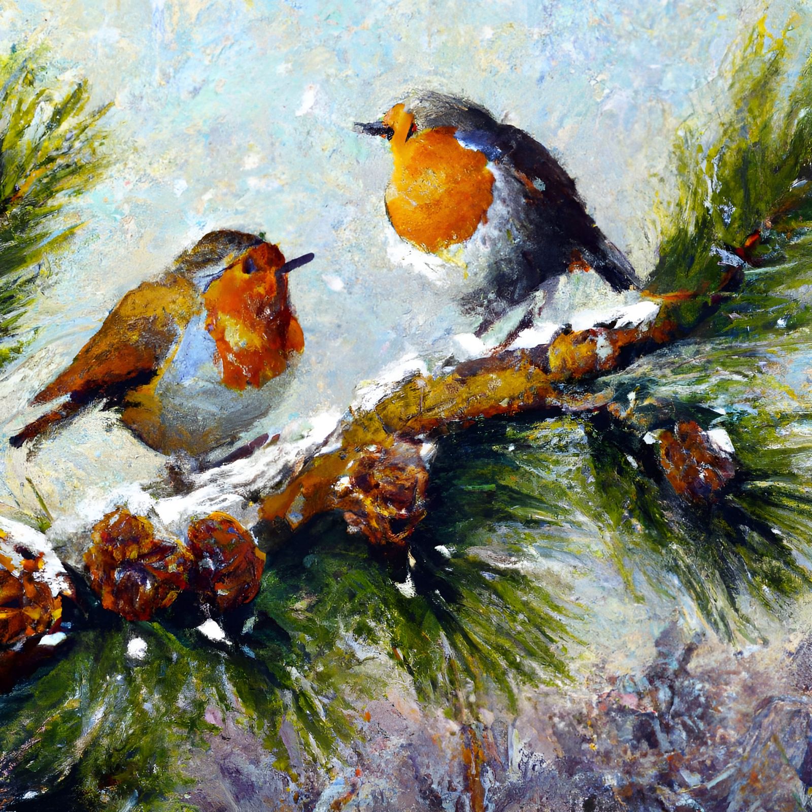 Two robin birds sitting on a brand of a pine tree while snowing ...