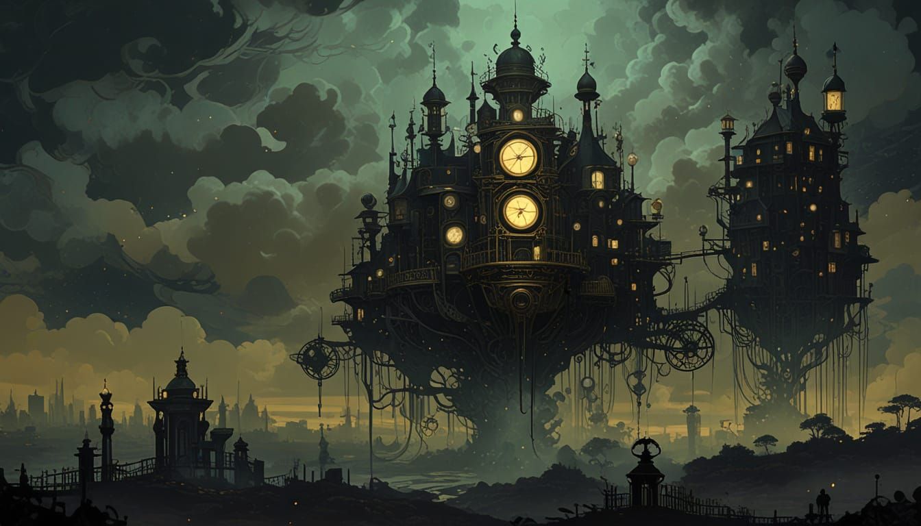 Clock Tower - Ethereal Steampunk Masterpiece in Soft Gold an...