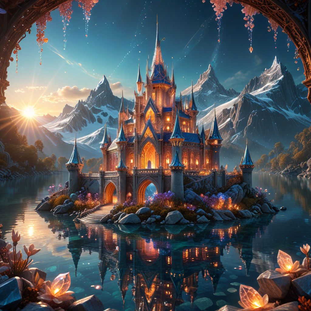 An Elven castle - Enchanted Elven Castle in Vibrant Sunset C...