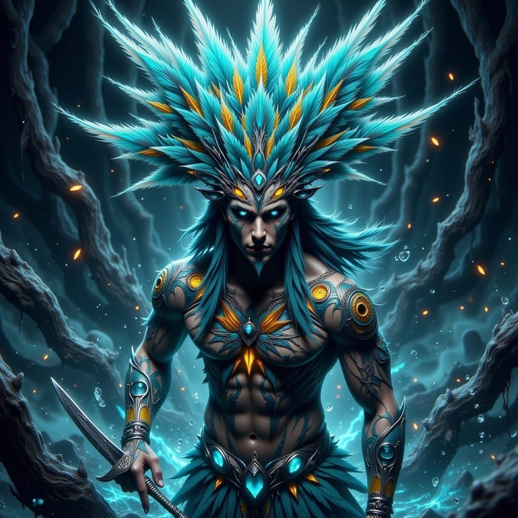 Feathered Aztec Warrior Emerges from Bioluminescen... - AI Art