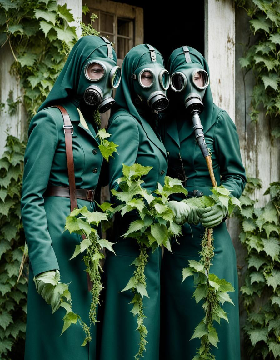three clothless women wearing only gas mask while tending to thorny ...