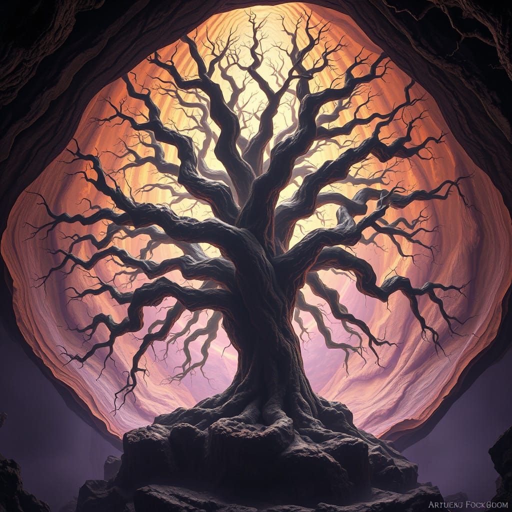 Dark Fantasy Tree Emerges from Ancient Eggshell - AI Art