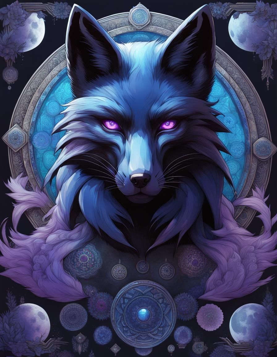 nine tails Kitsune black fox with blue amulet, energy-spirit, side ...