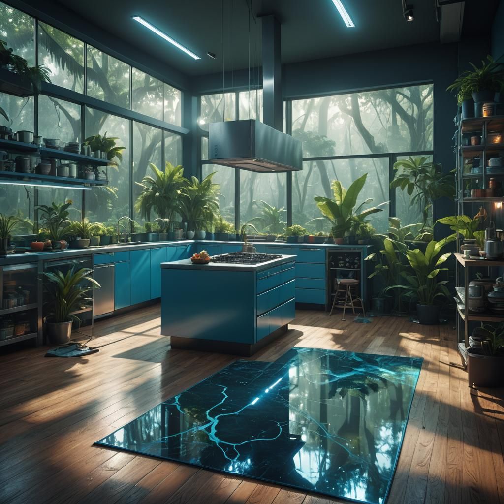 Blue cyberpunk kitchen in the rainforest - AI Generated Artwork ...