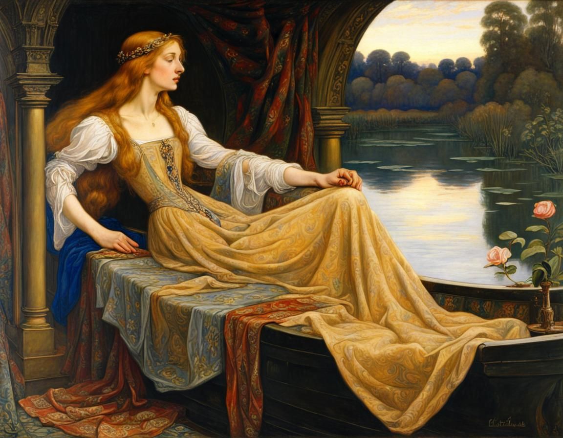 "The Lady of Shalott as described in Tennyson's poem, sitting in her ...