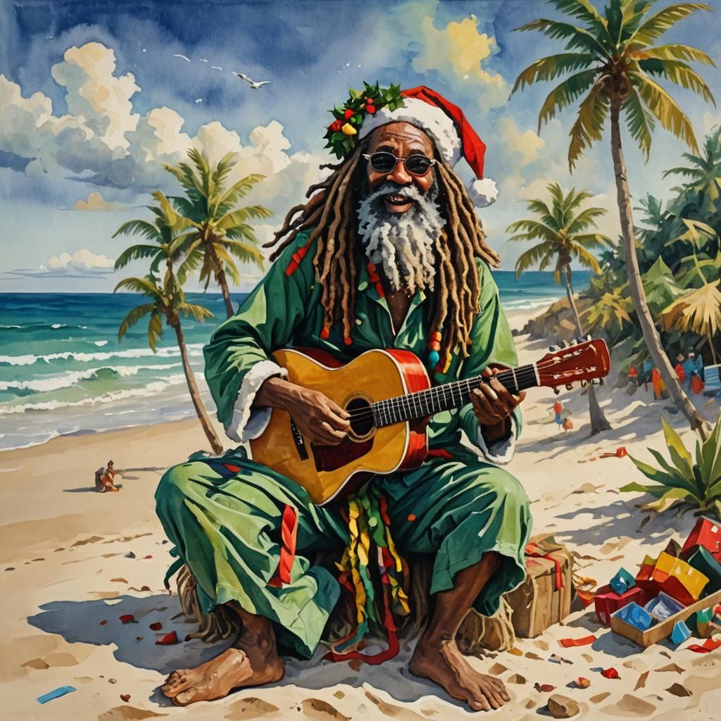Christmas in July, Reggae Santa Claus with dreadlocks, on a beach ...