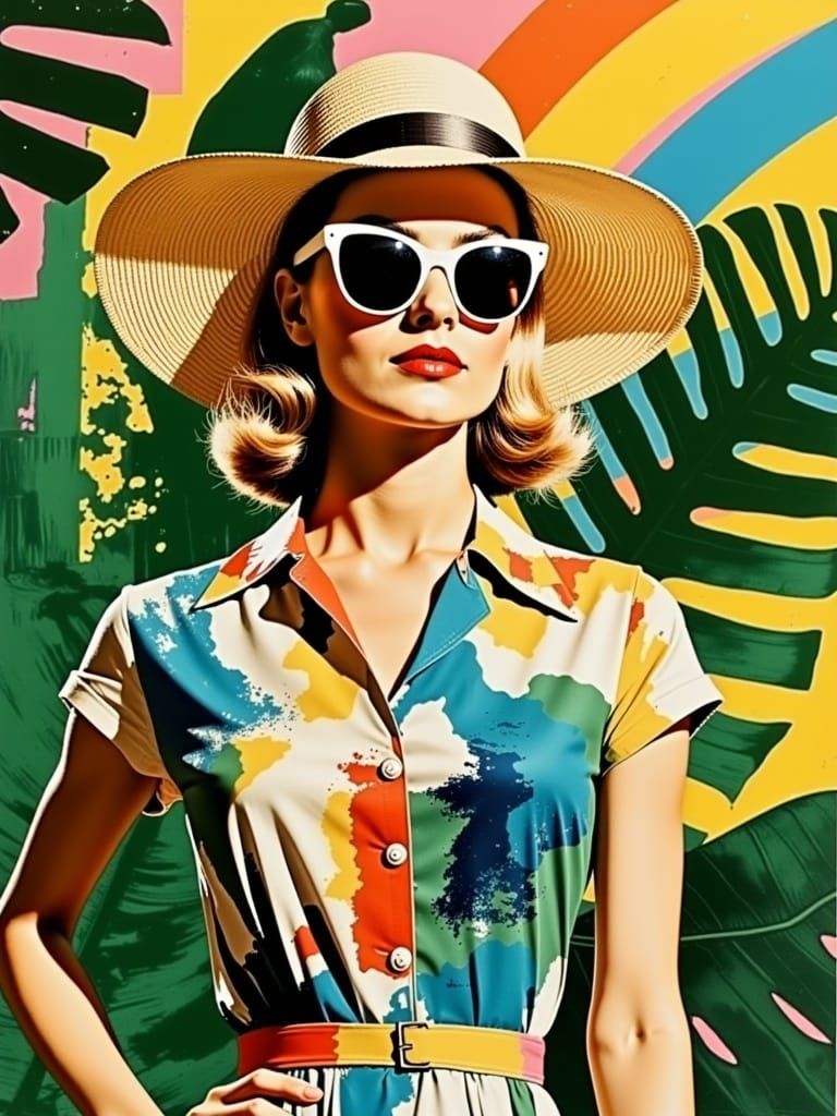 1950s Pop Art Portrait of a Fashionable Woman in G... - AI Art