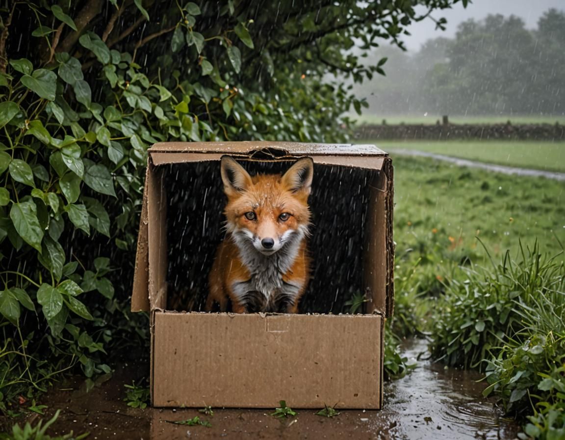 A cold wet fox shelters under an old dirty cardboard box during heavy ...