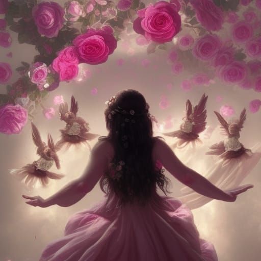 Victorian girl with black hair wearing pink roses surrounded by cherub ...