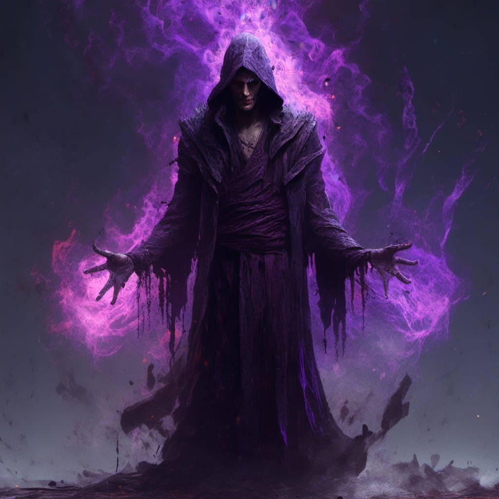 Evil young wizard (male), hair made of purple flames, tattoos, falls ...