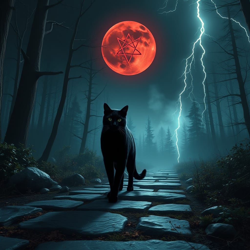 Surreal Black Cat Strolls Under Blood Moon in Myst... - AI Art