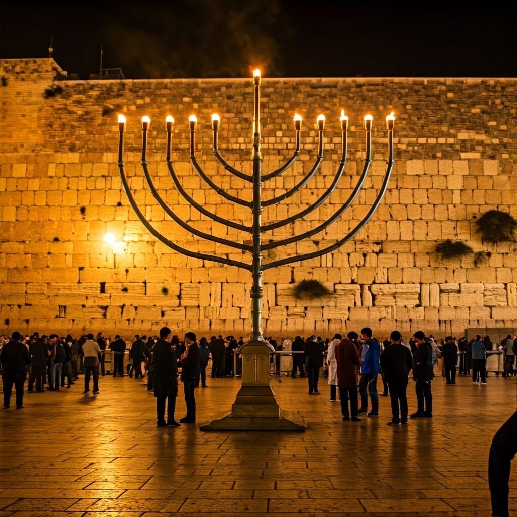 Lighting a giant Hanukkah menorah inside the Western Wall plaza