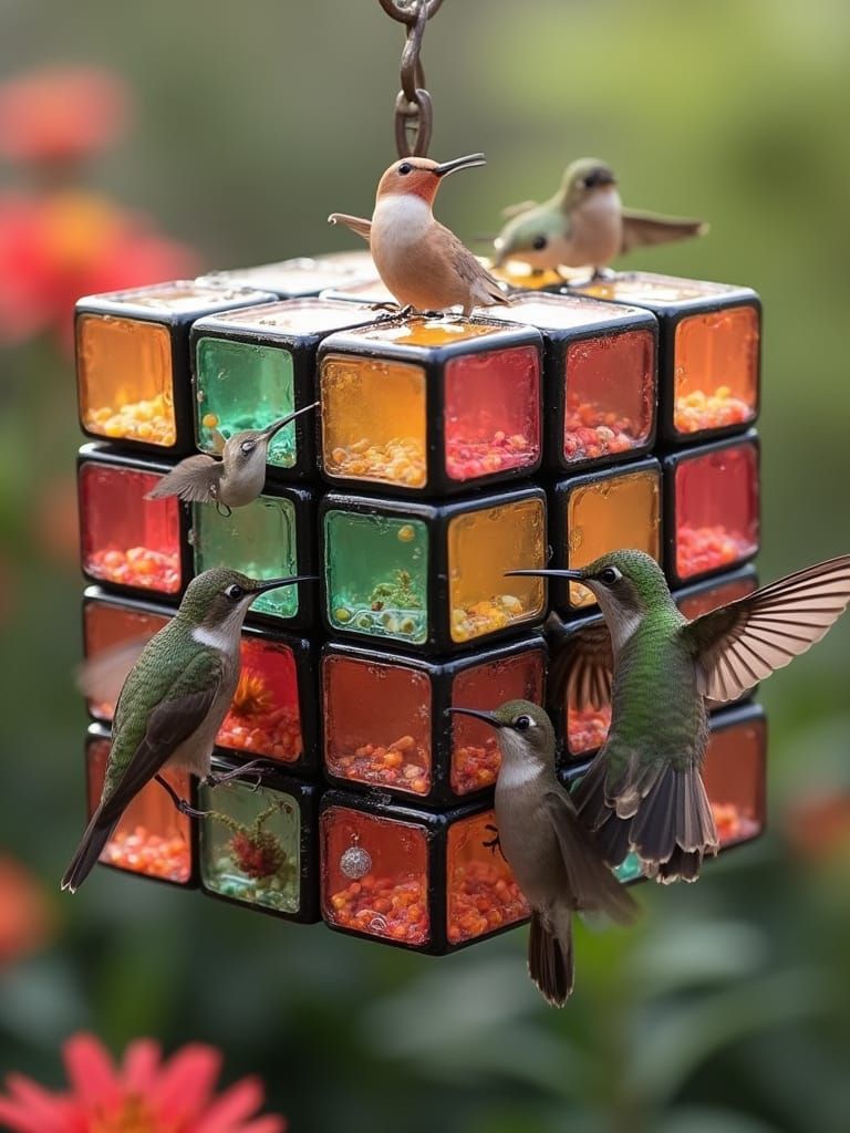 Vibrant Hummingbird Garden Cube in Photo-Realistic... - AI Art