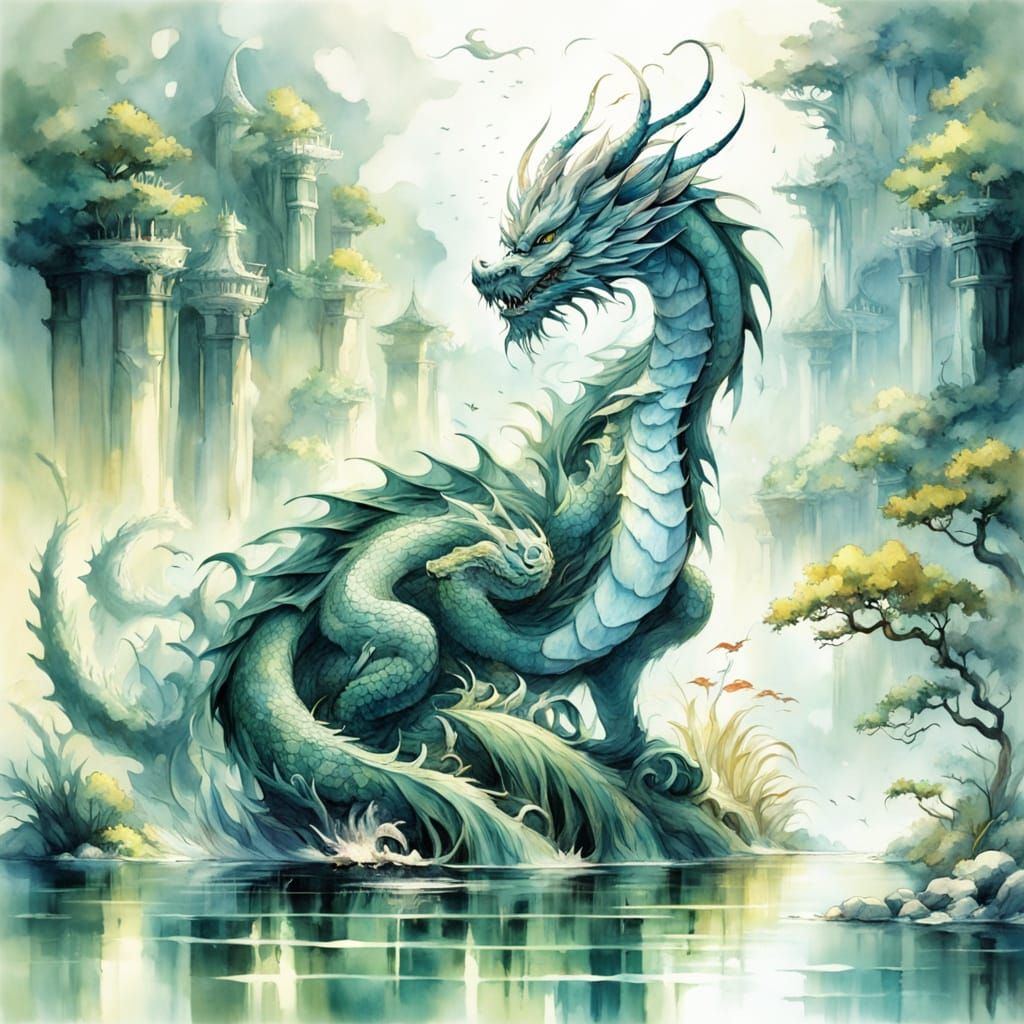 Ethereal Flood Dragon in Mystical River World - AI Art
