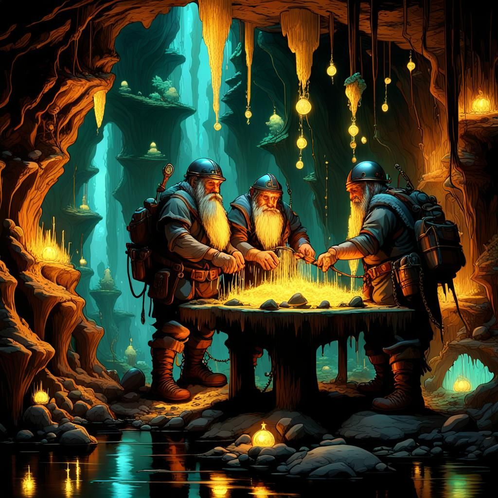 Dwarves working gold in secret underground cavern - AI Generated ...