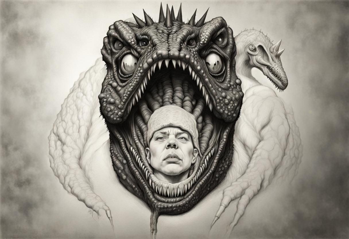 Godzilla eating a human head, dorohedoro, dinosaur, sinister by Greg ...