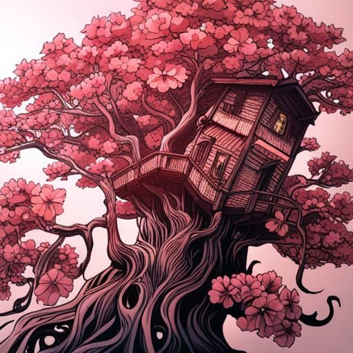 Cherry blossom tree treehouse, if i built while intoxicated - AI Generated Artwork - NightCafe ...