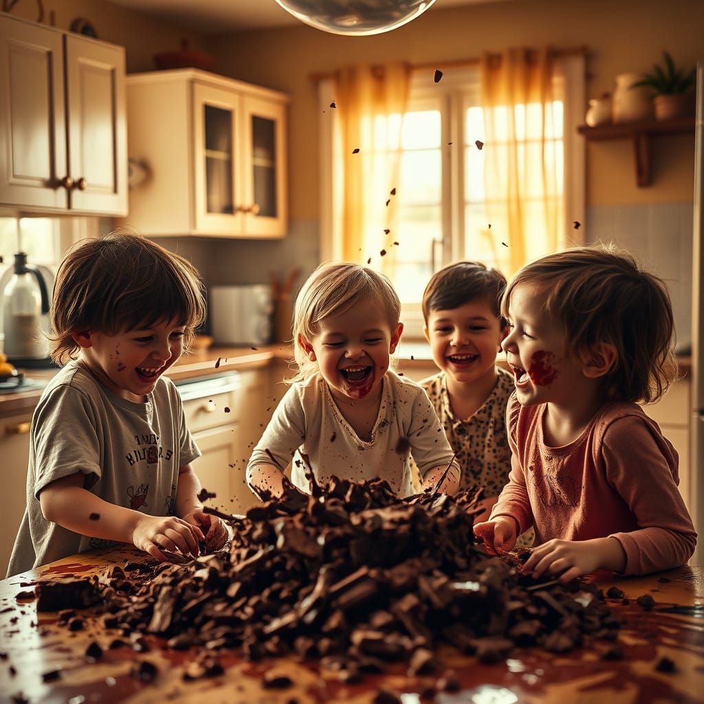 Whimsical Chocolate Mayhem in a Golden Kitchen - AI Art