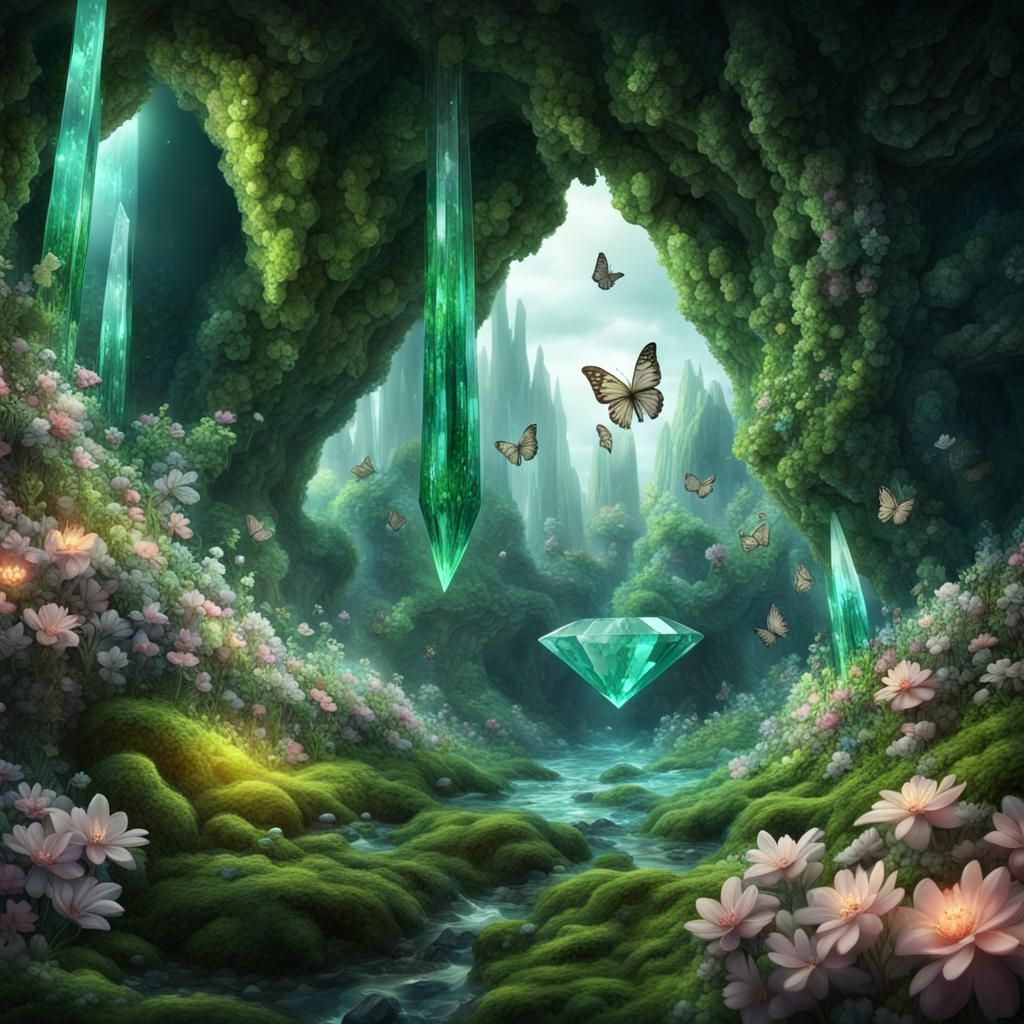 BIG CRYSTALS Crystal caves with emerald, green butterflies, glitter and ...