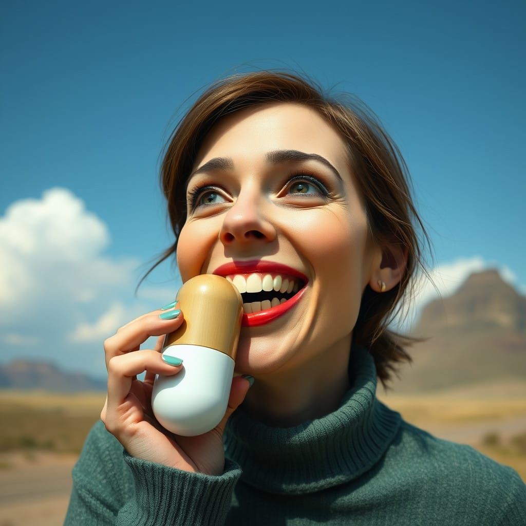 Surreal Scene of a Woman Swallowing a Massive Pill - AI Art