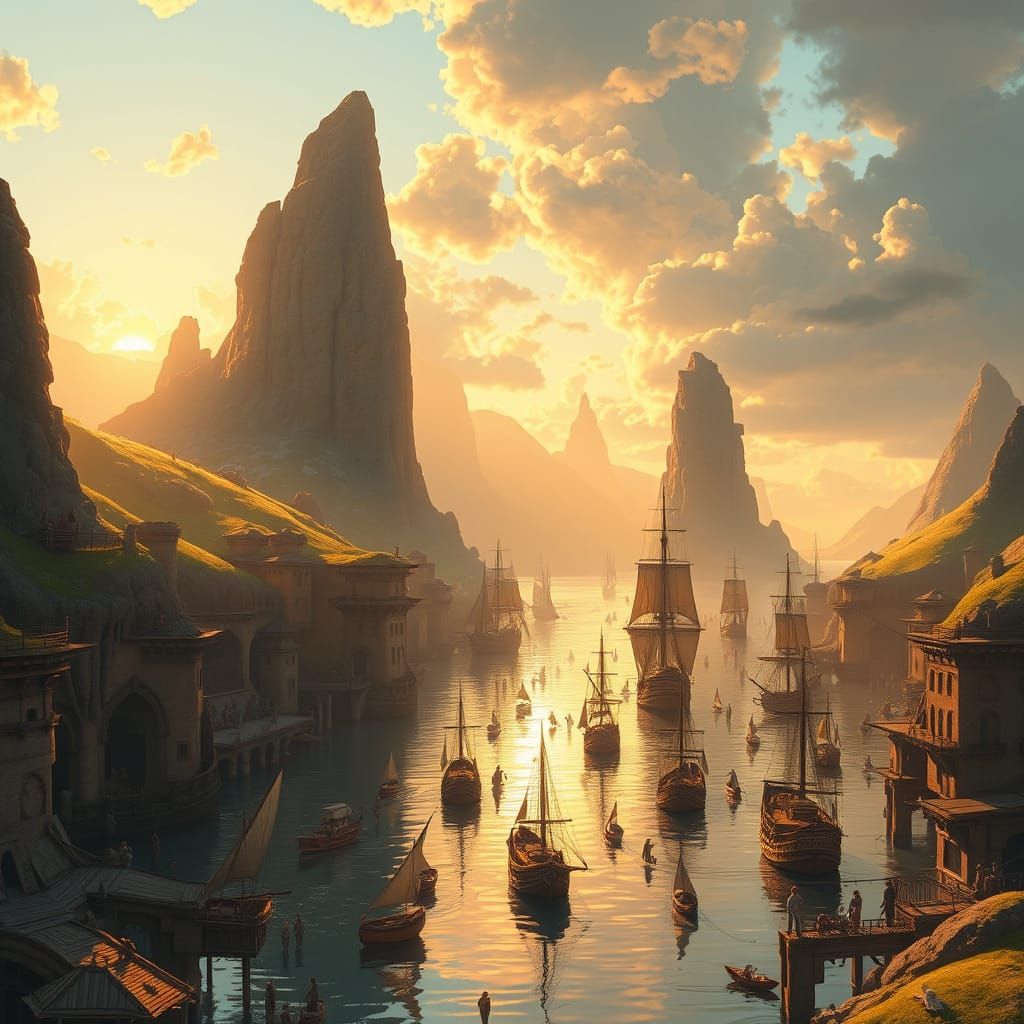 Ethereal Sunset Harbour Scene in Dreamlike Realism - AI Art
