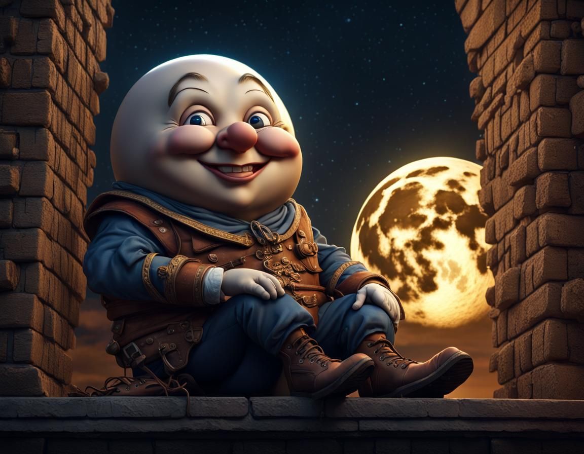big head Humpty Dumpty sat on the wall, smiling Moon face in the night ...