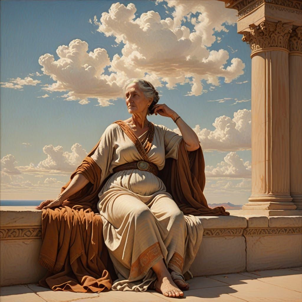 in the style of JEAN-LÉON GÉRÔME, a sunbathing older woman