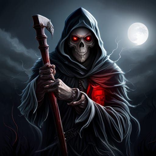 Skull Grim Reaper with scythe in hand and glowing red eyes 7 - AI ...