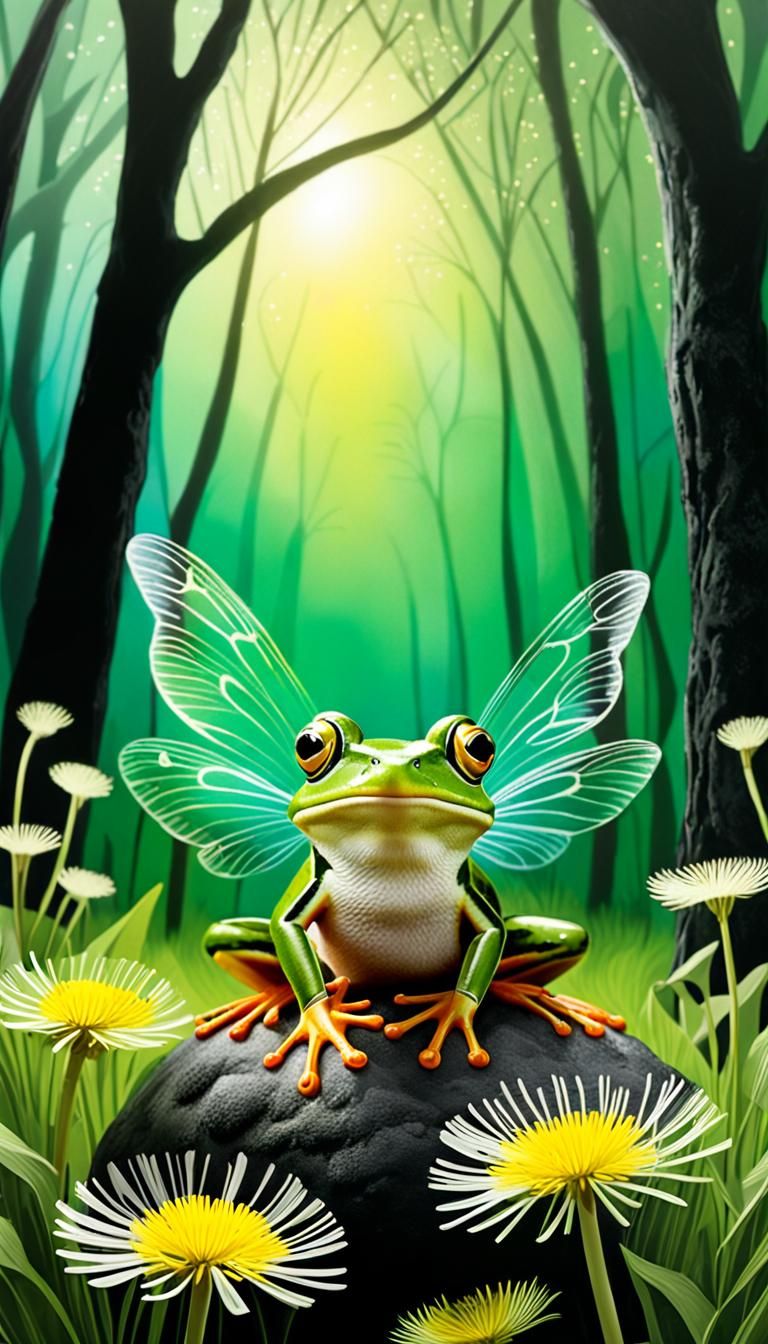 A vivid representation of a green frog with fairy wings nestled under a ...