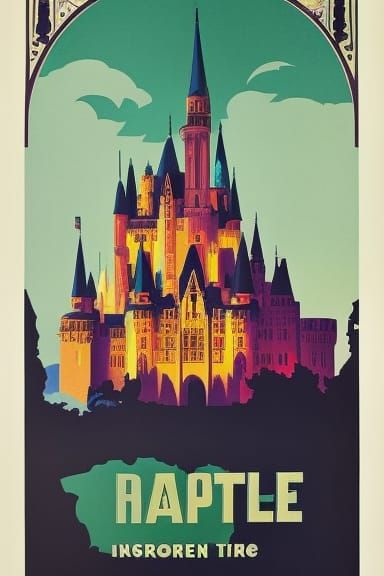Travel poster beautiful castle at night, lots of bright shining stars ...