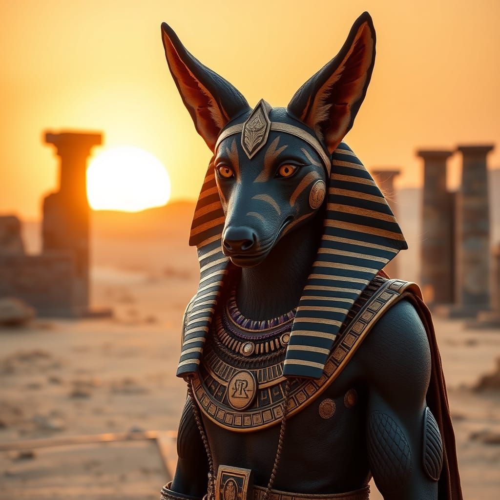 Regal Egyptian God Anubis in Desert Landscape - AI Art