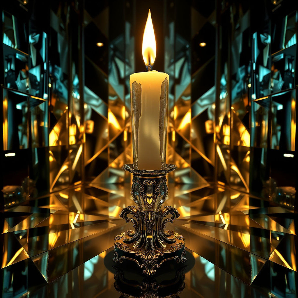singular ornate candle made from beams of light, light bounces off of ...