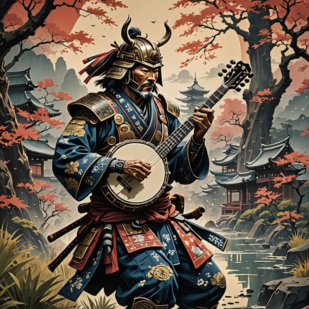 a japanese-style woodblock print of a samurai playing a banjo - AI ...