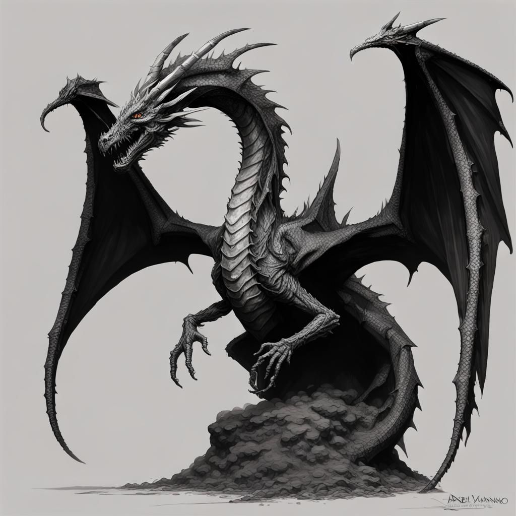 Dark, undead dragon, long neck, open wings, rotting, skin falling off ...