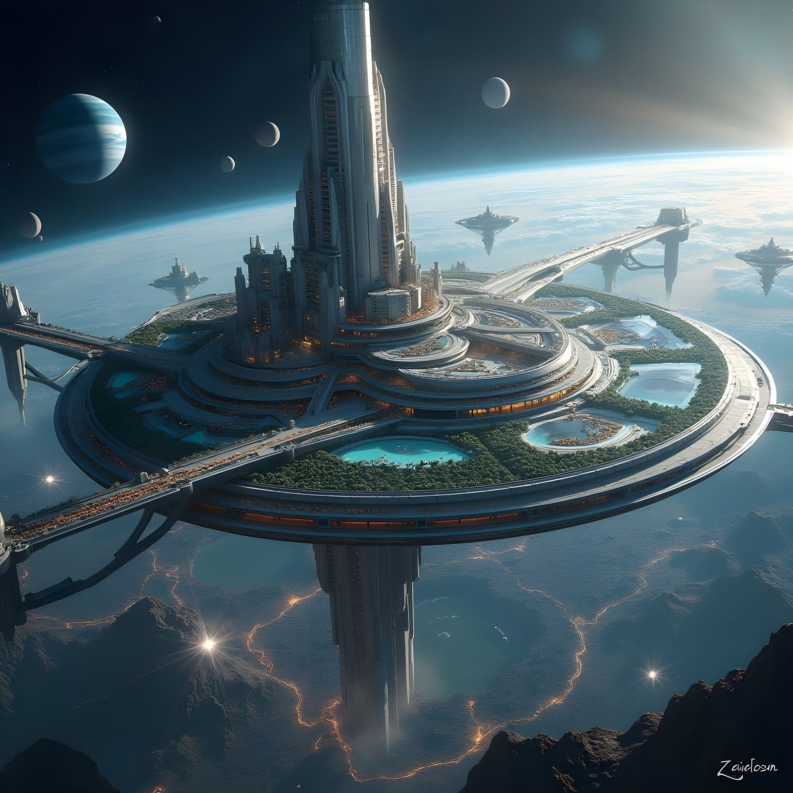 A breakthrough fantastic futuristic disk shaped many space cities, with ...