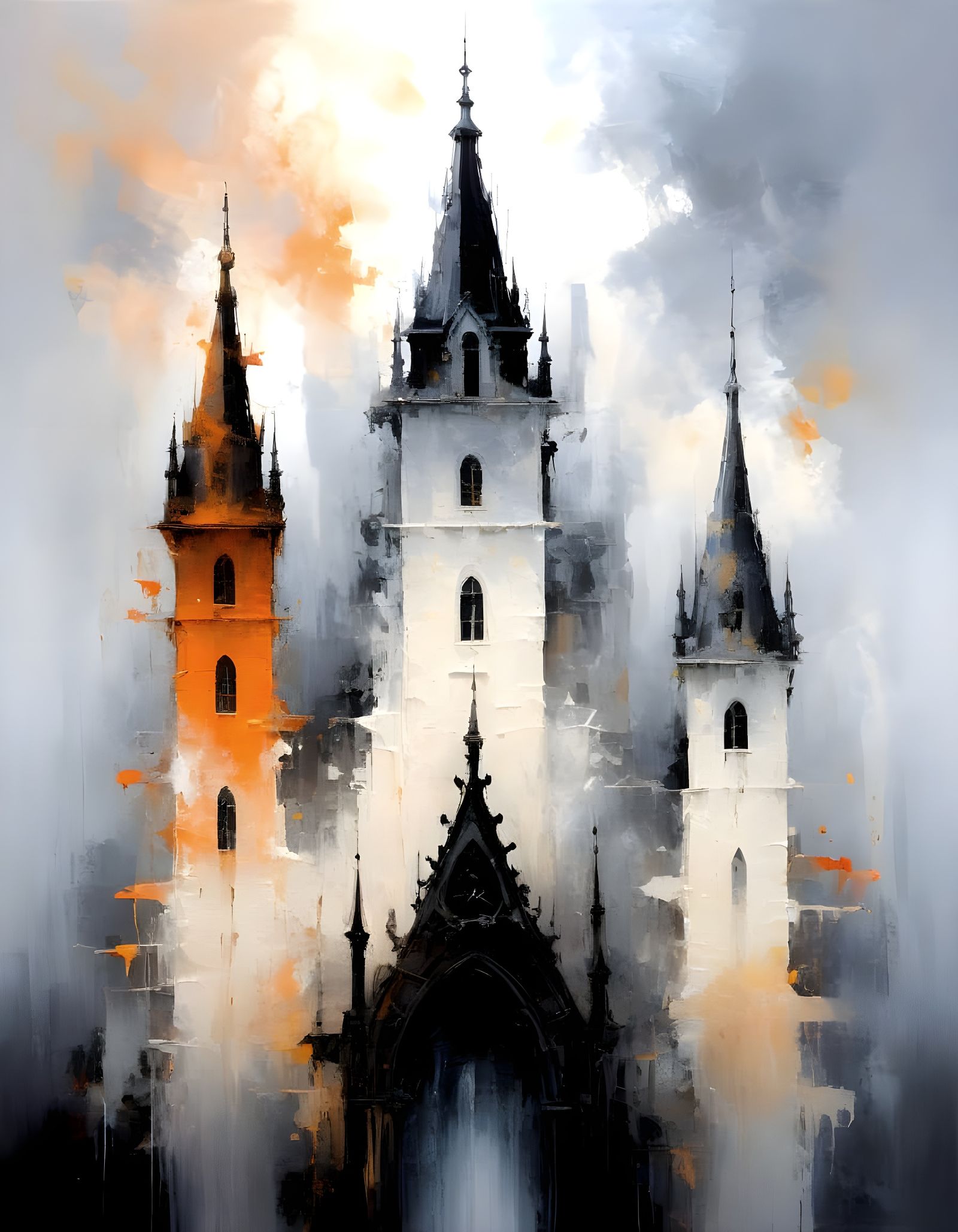 An atmospheric, abstract painting featuring sacred temple with three ...