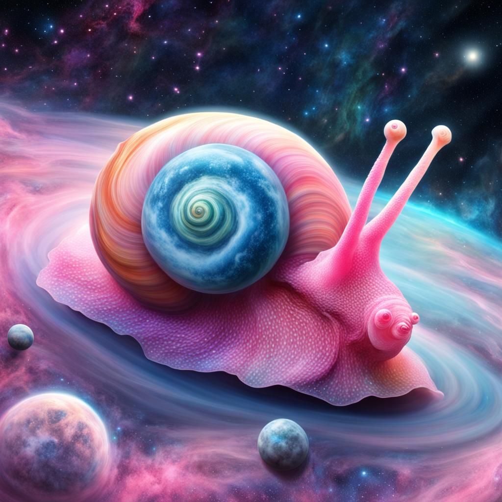 Outer space cotton candy nebula Snail with a planet growing on its ...