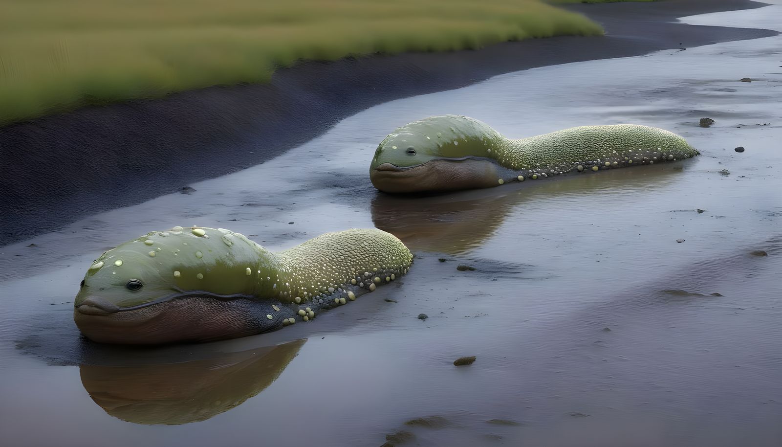 Slugs in a double column on a wet muddy sandy surface