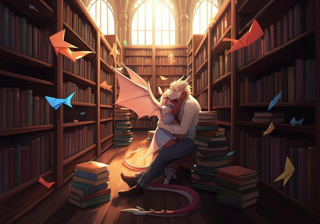"Studying" in the Library - Whimsical Fantasy Library Love S...