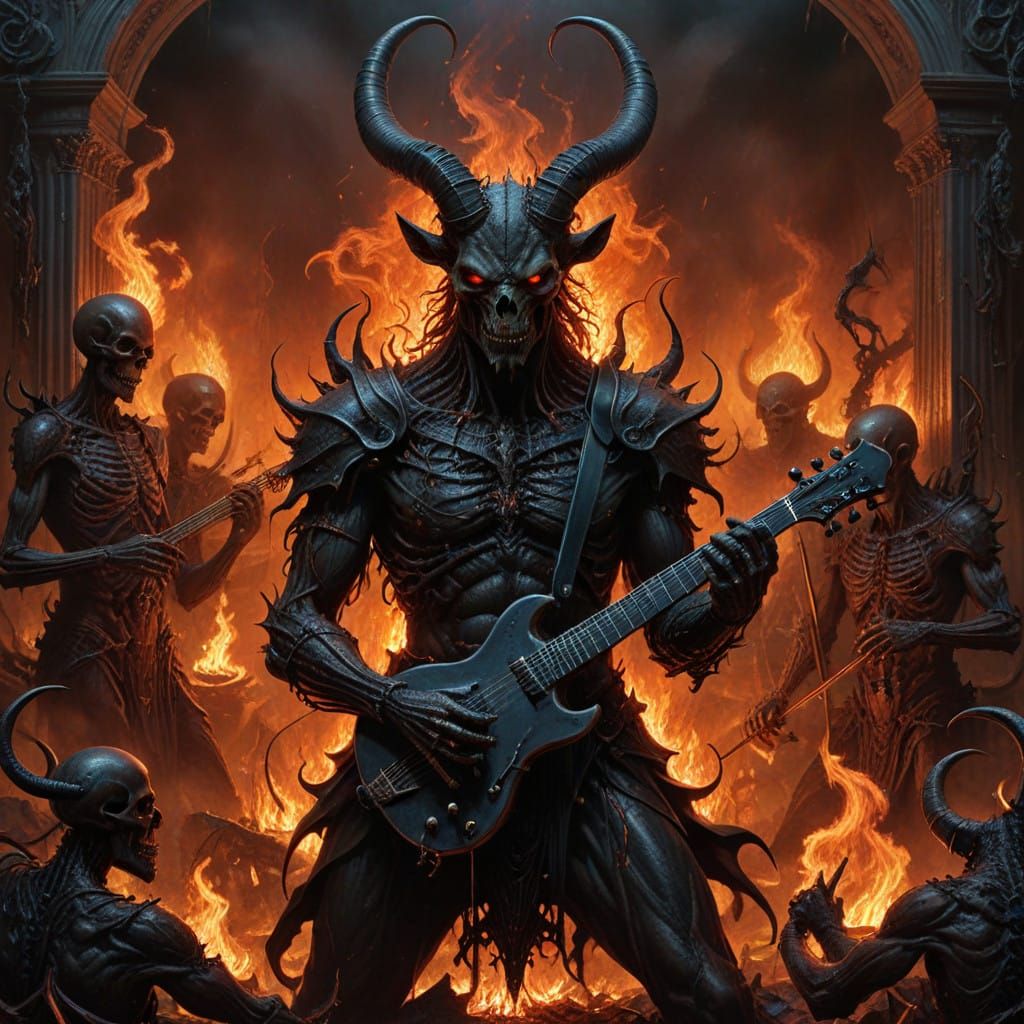 A hyperrealistic, highly detailed ink and oil print of a full satanic ...