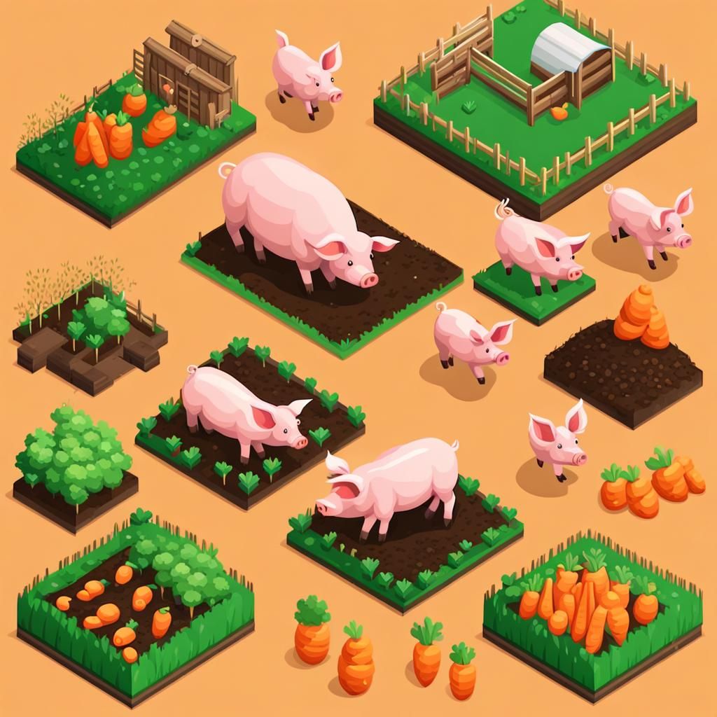 Set collection of isometric farm with pig, carrot, for gaming assets ...