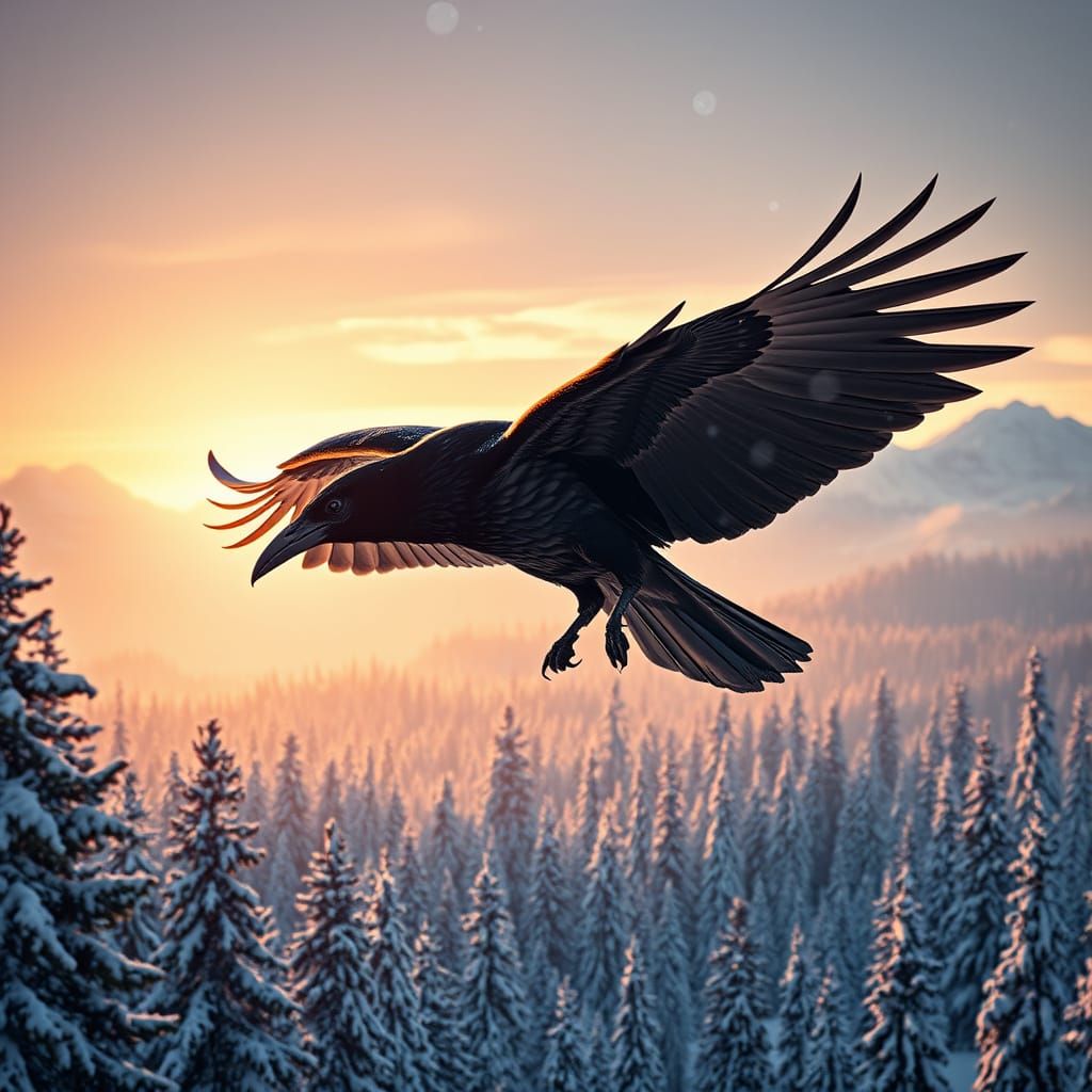 A curved black crow soaring across the sky