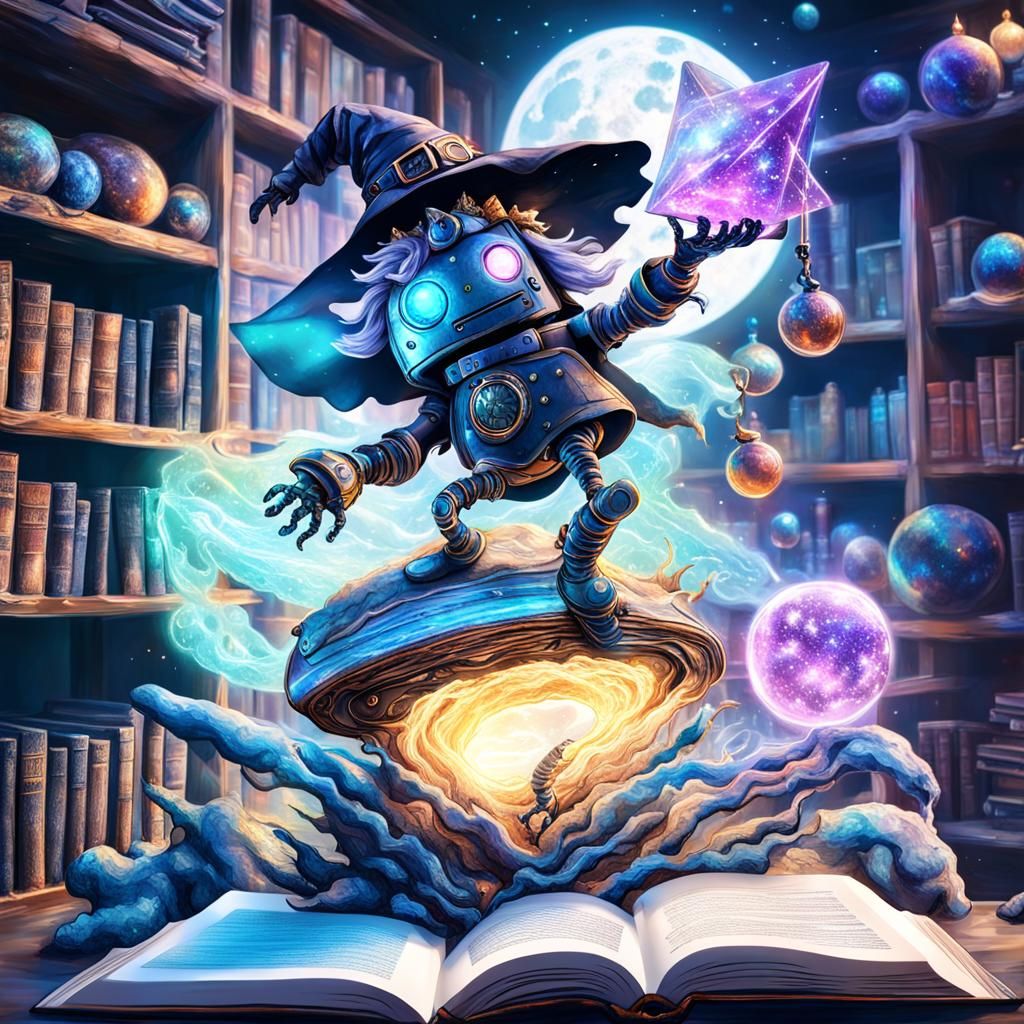 robot witch jumps on a large plush creature to reach the top book on a ...