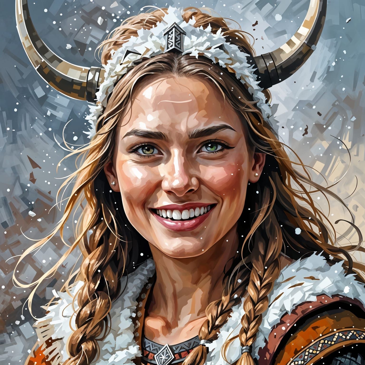 A radiant brown and white portrait of a beautiful Viking woman with a ...