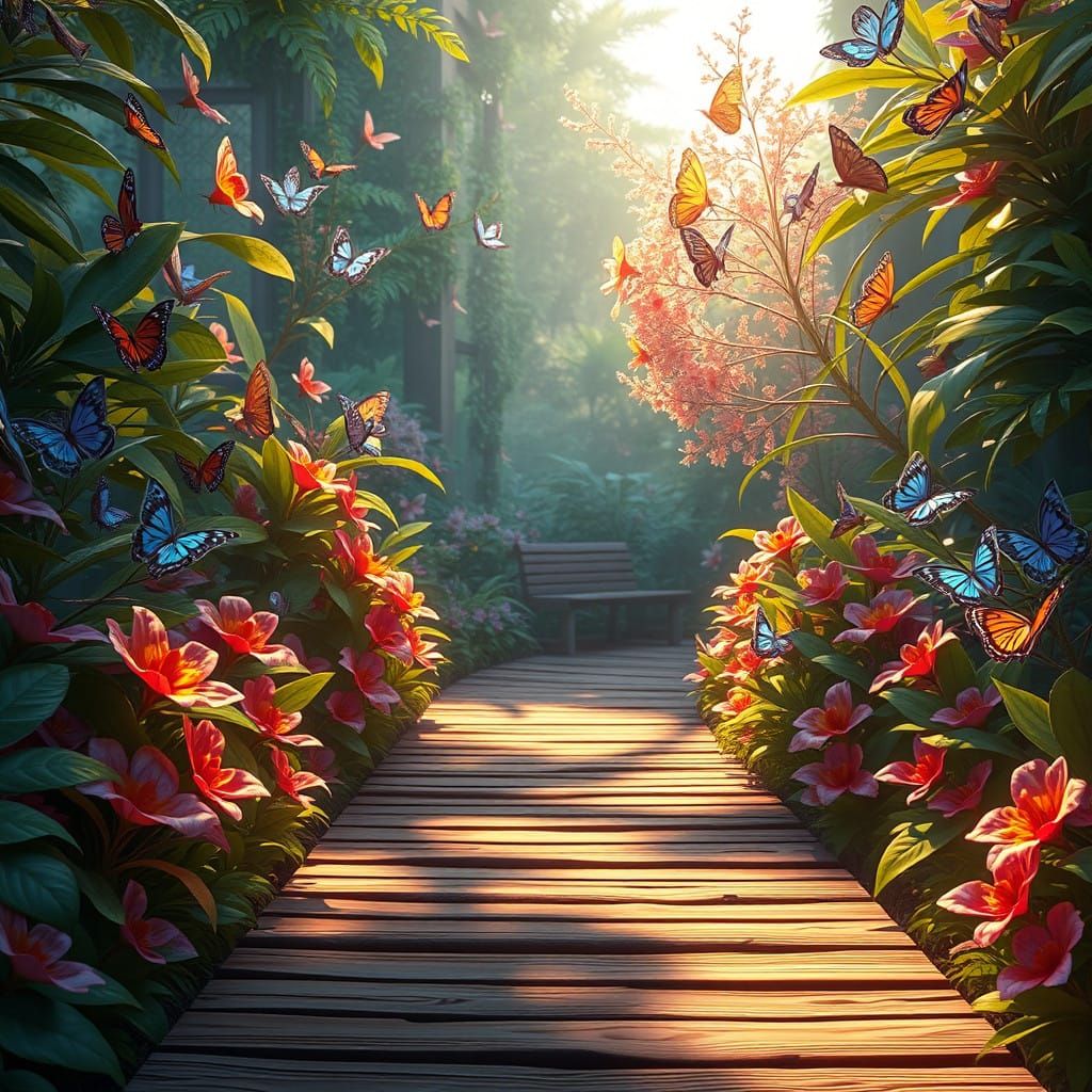 Lush Garden Pathway with Vibrant Butterflies in De... - AI Art