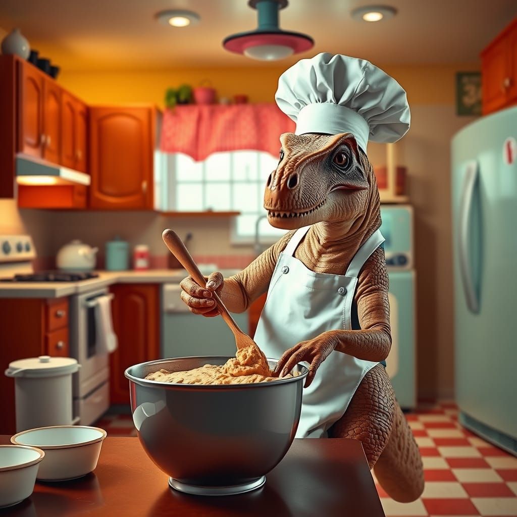 T-Rex in Vintage Kitchen, Mixing Cookie Dough with... - AI Art