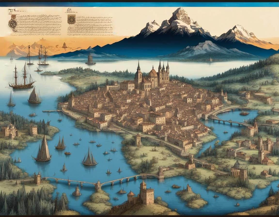 16k resolution, art by Leonardo da Vinci, Albrecht Dürer, modern map ...