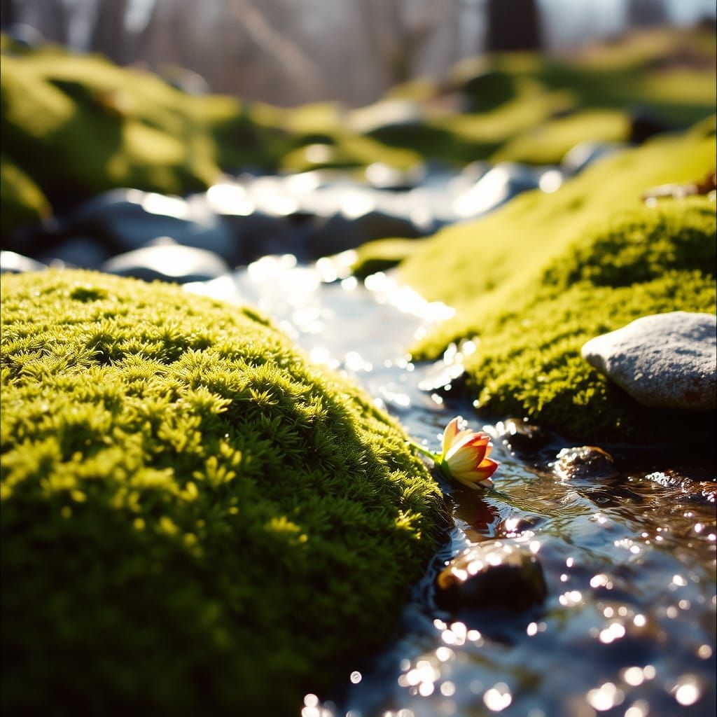 Mossy Spring Stream in Swedish Countryside, Captur... - AI Art