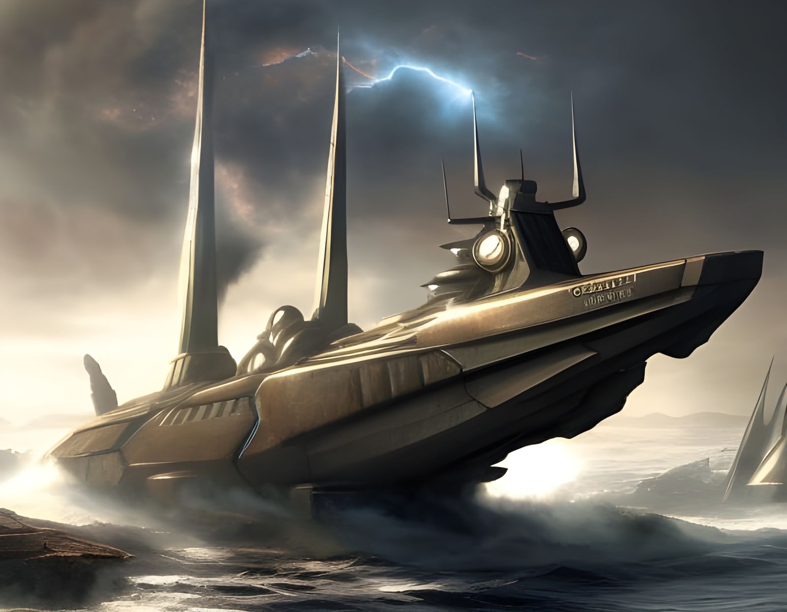 Photorealistic Concept-art Fantasy sci fi river gunboat by Artist ...